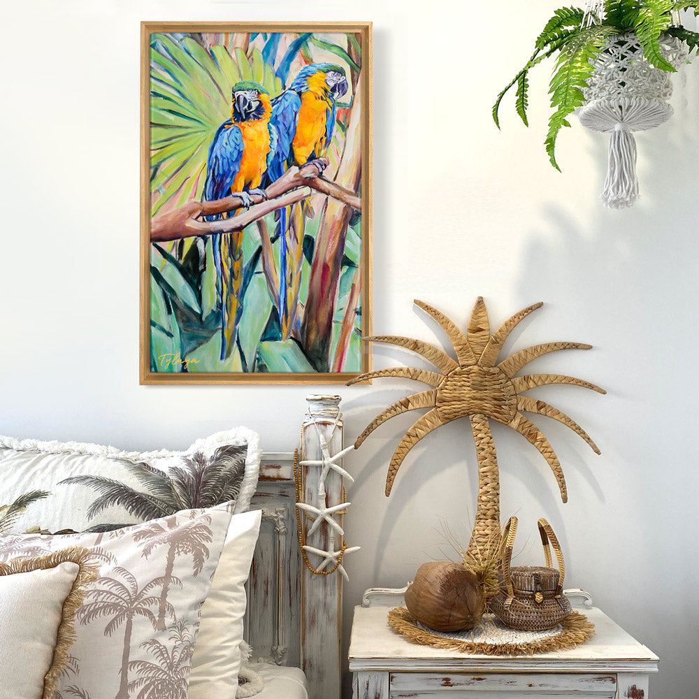 Peinture Nature Couple De Perroquets Macaw Jaunes Et Bleus Pour Déco
