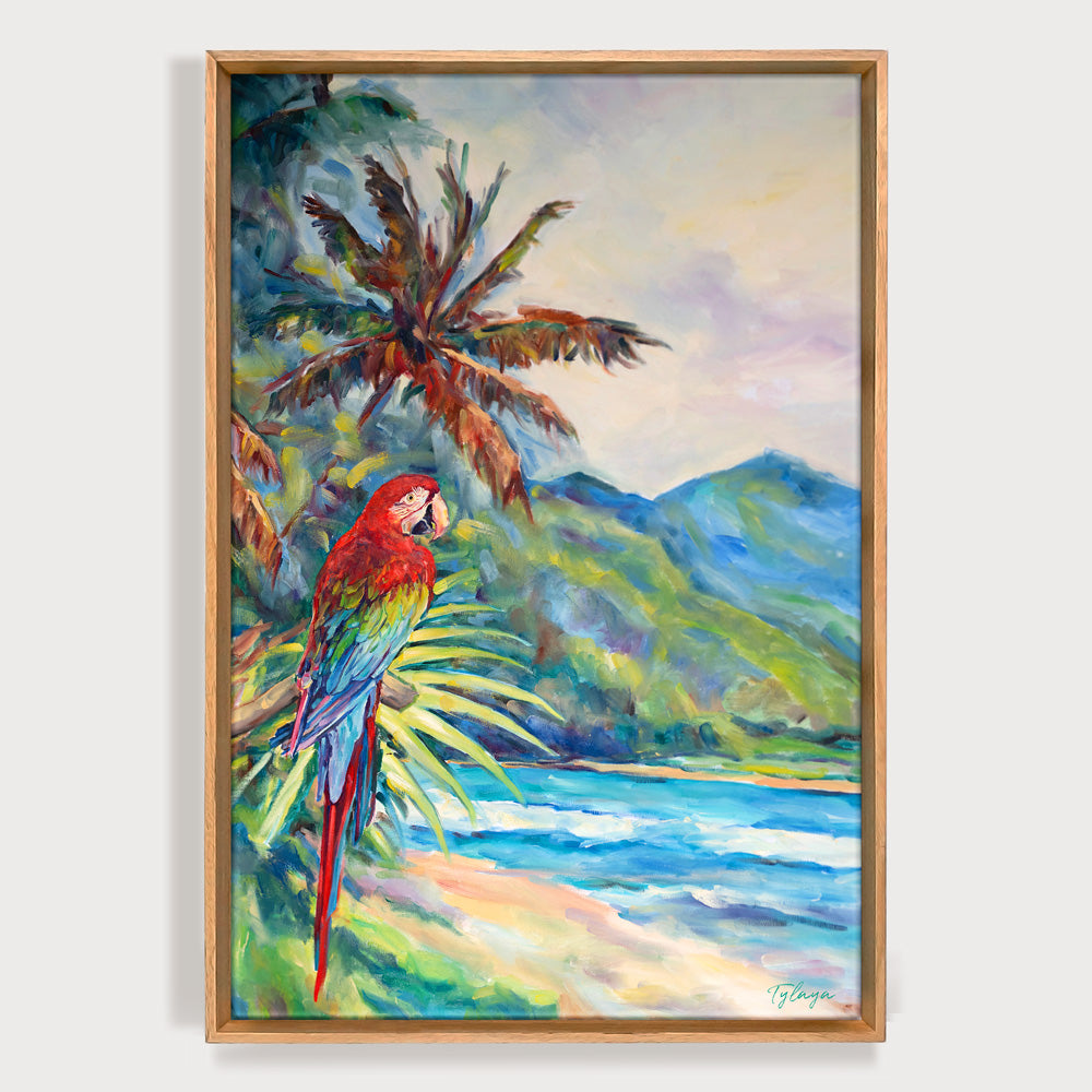 Tableau tropical | Perroquet rouge et palmiers devant un paysage ...